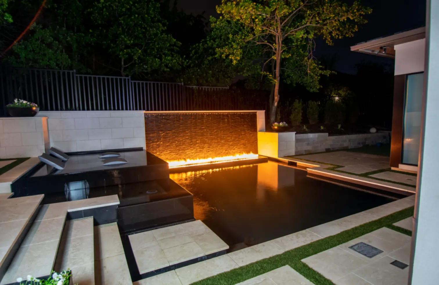 Small Modern Pool With Floating Fire & Water Wall Project - Claffey Pools